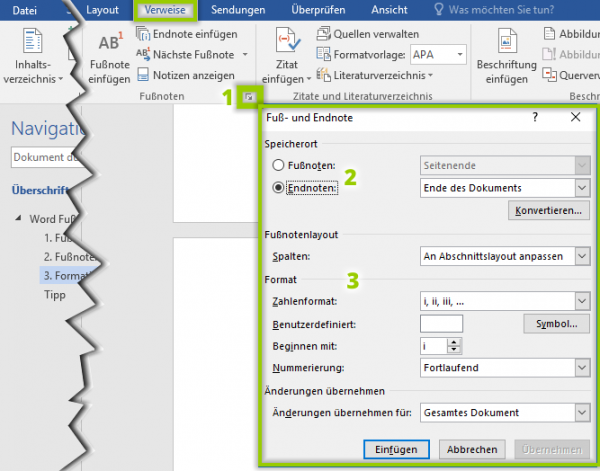Word Fußnote und Endnote erstellen und formatieren